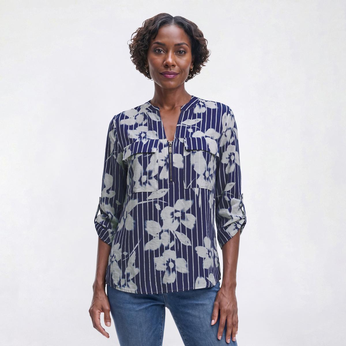 Click here for Womens Como Blu Roll Tab Sleeve 2 Pocket Split Nec... prices
